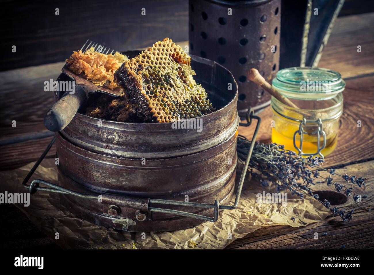 Antique beekeeper tools in countryside Stock Photo - Alamy