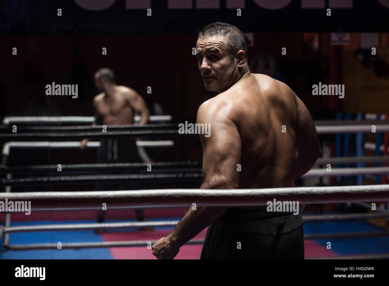 portrait from the back of muscular professional kickboxer who standing ...