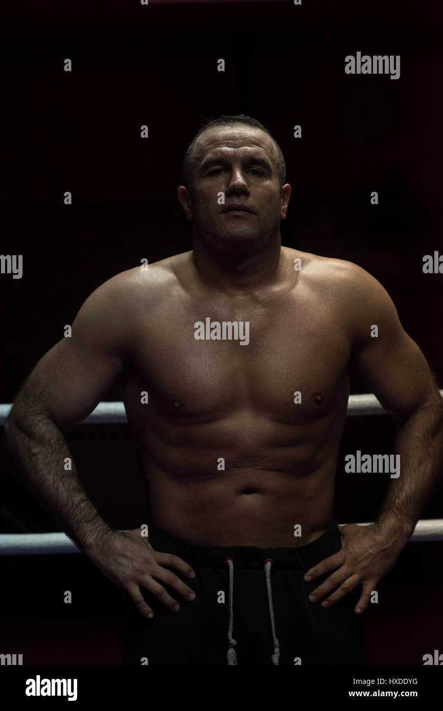 portrait of muscular professional kickboxer who standing in the ring ...