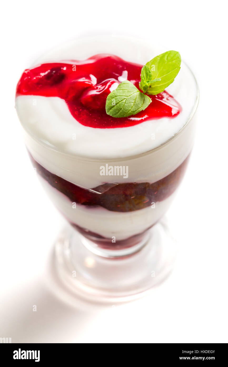 Raspberry jelly with cream on white background Stock Photo - Alamy