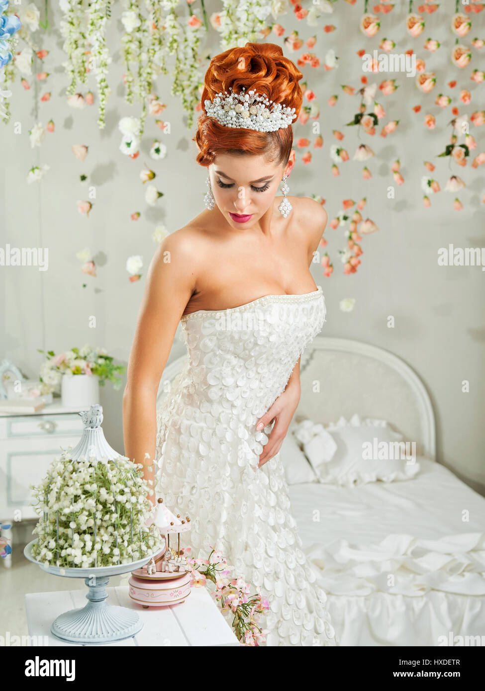 portrait of a beautiful red-haired bride in a wedding dress Stock Photo ...