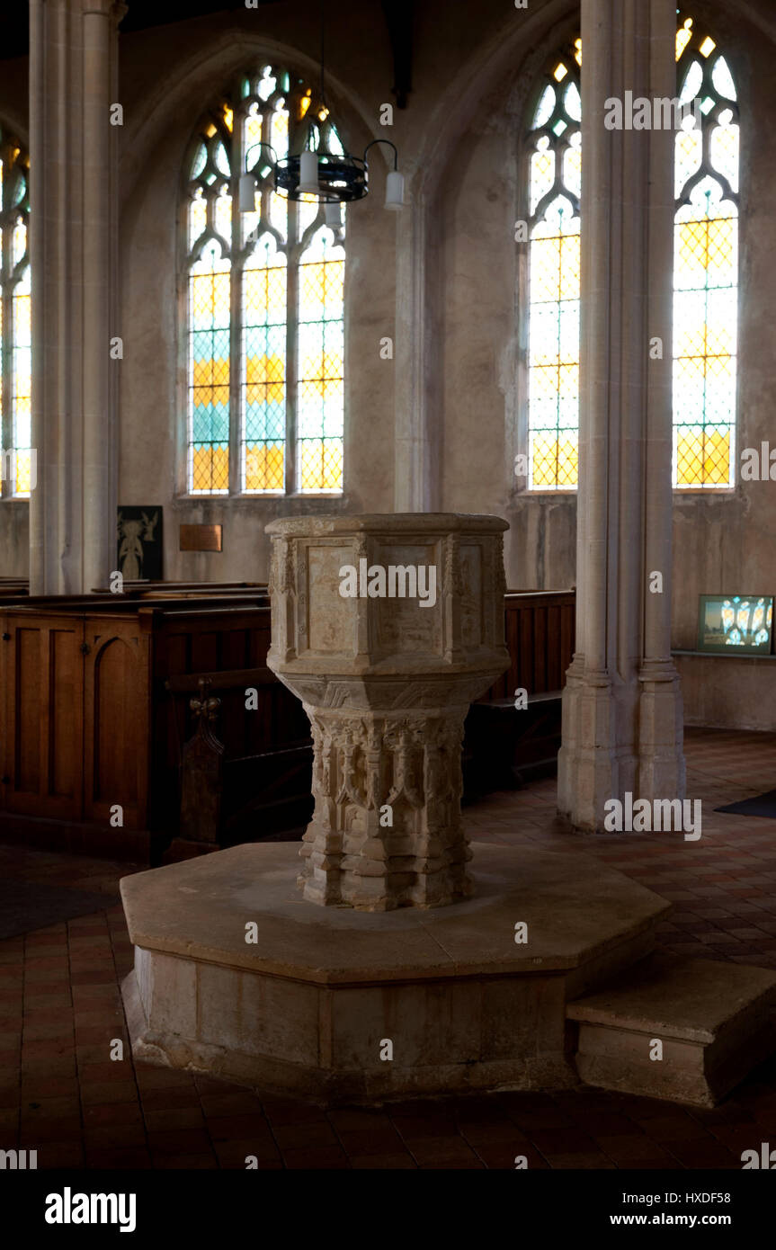 Interior view with font, St. Mary`s Church, Wiveton, Norfolk, England ...