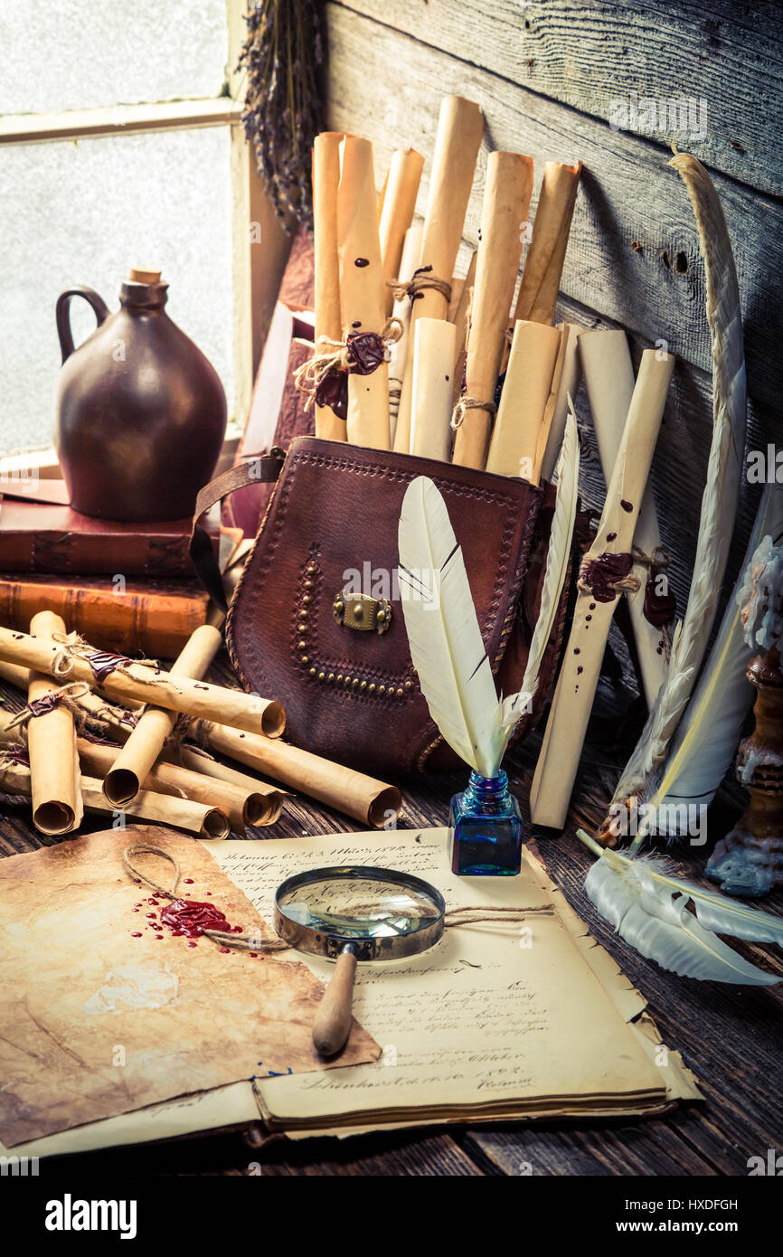 Old witch workshop full of scrolls and recipe Stock Photo - Alamy