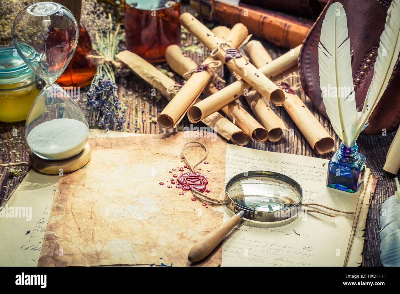 Magical witch library full of scrolls and recipe Stock Photo - Alamy