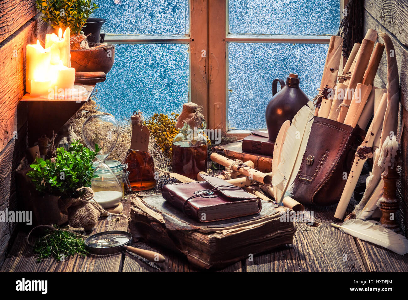 Vintage witch workshop full of scrolls and recipe Stock Photo - Alamy
