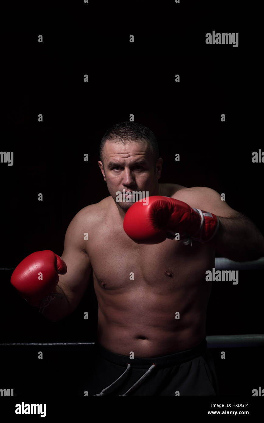 professional kickboxer with hands in martial arts position training for ...