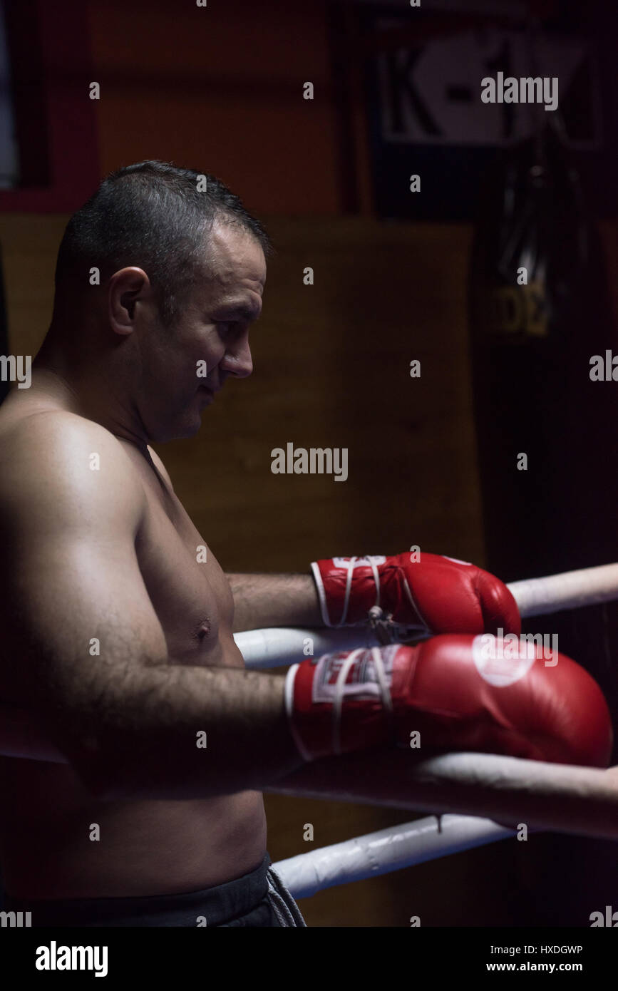 muscular professional kick boxer resting on the ropes in the corner of ...