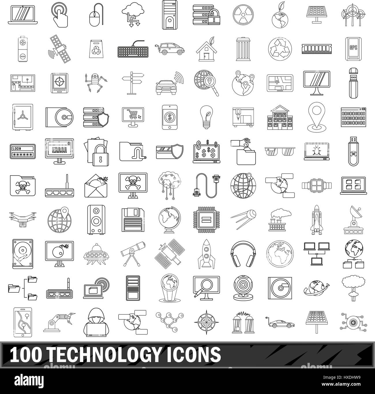 100 technology icons set Black and White Stock Photos & Images - Alamy