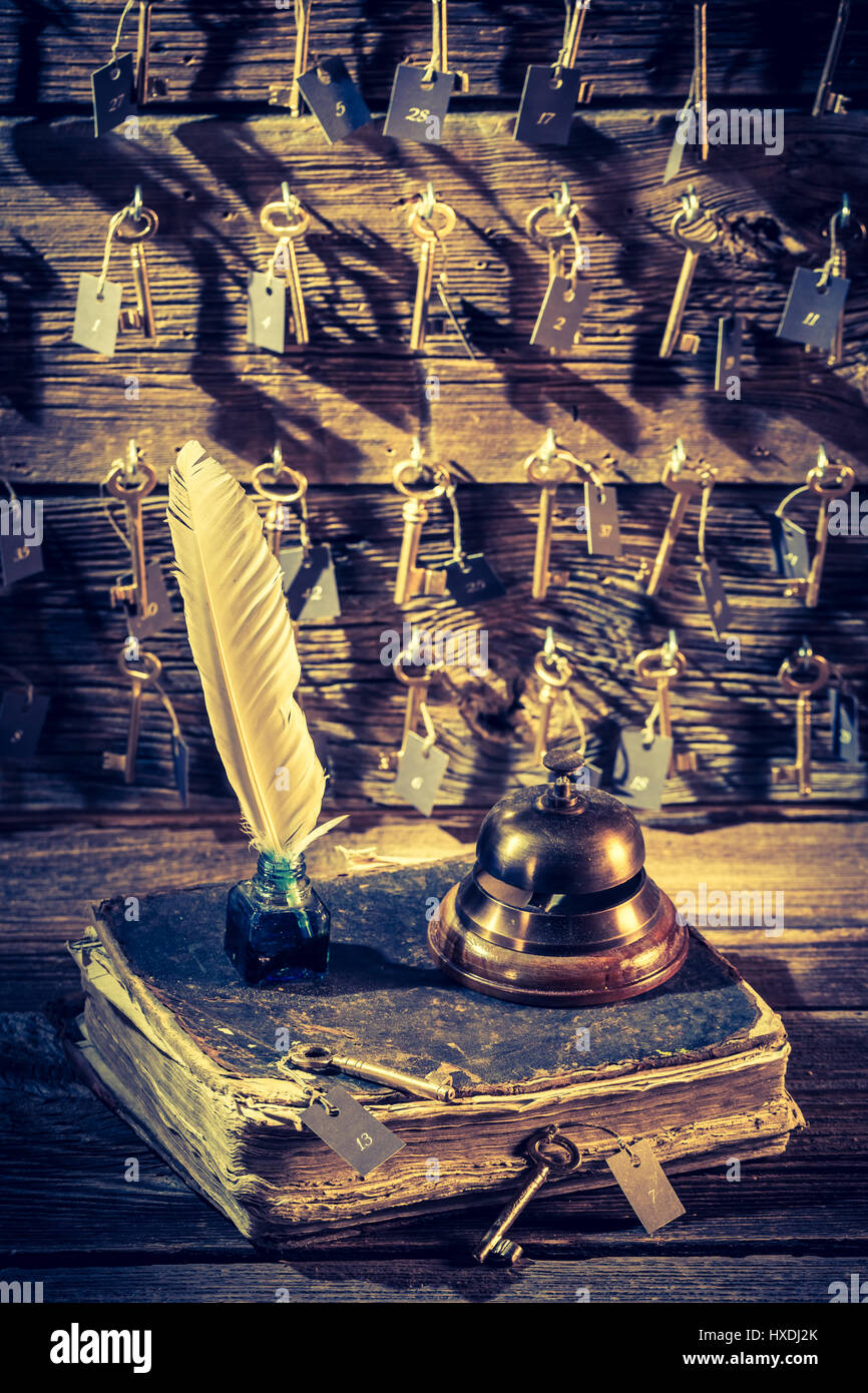 Keys for rooms and guestbook in old reception in hotel Stock Photo - Alamy