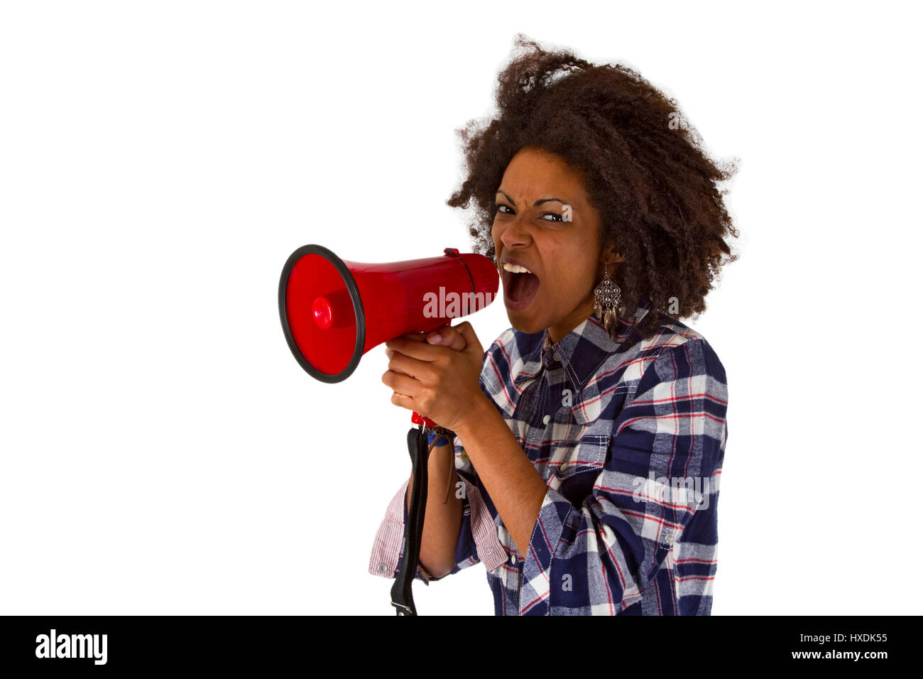 Young african american yelling at her megaphone isolated on white ...
