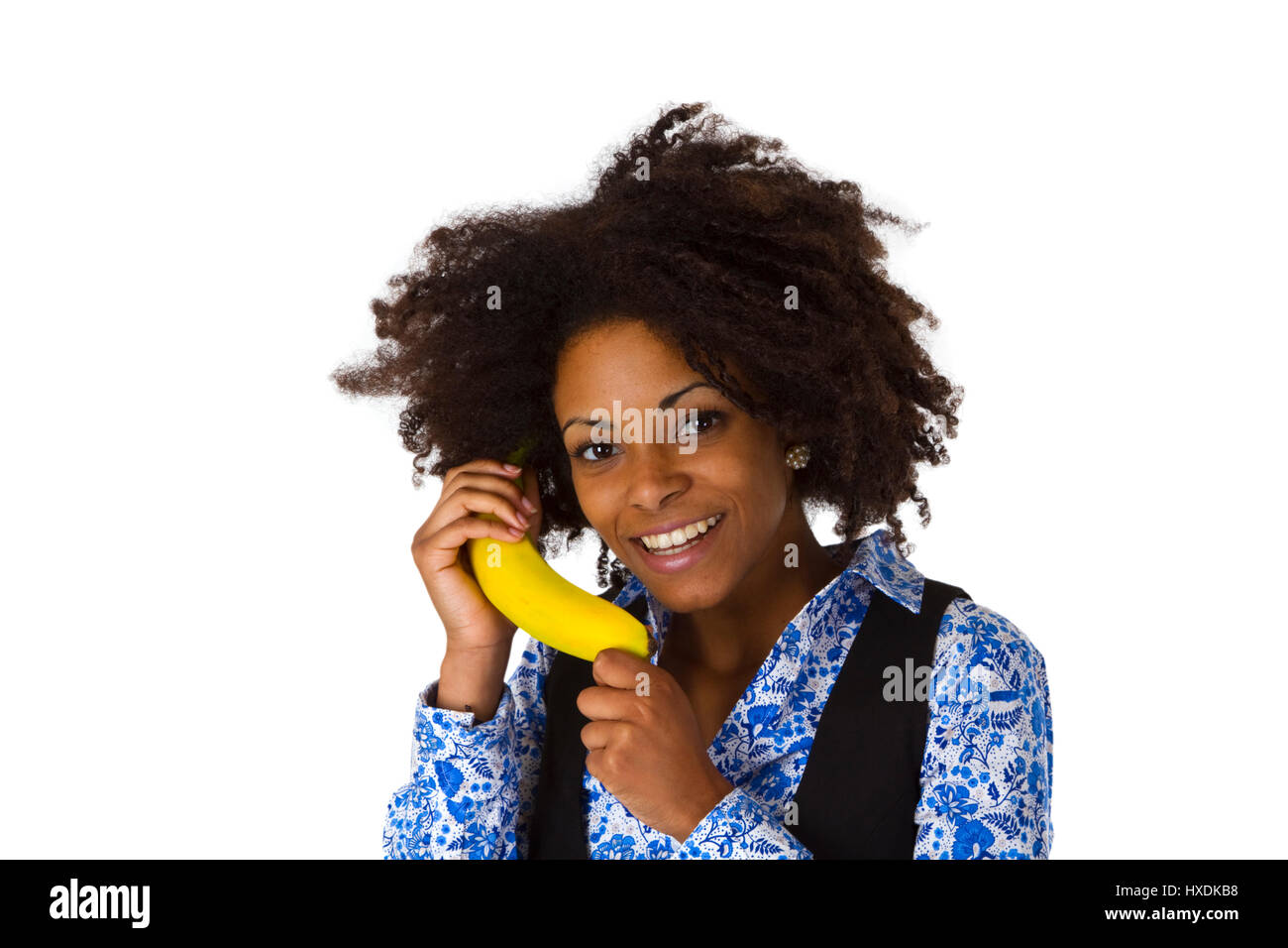 Female afro american with banana - isolated on white background Stock ...