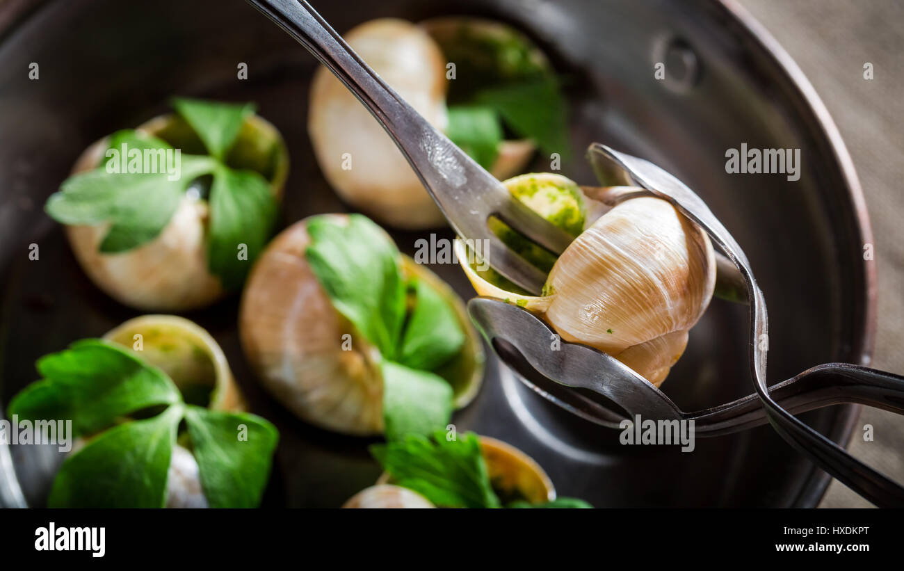 Tasting cooking snails Stock Photo - Alamy