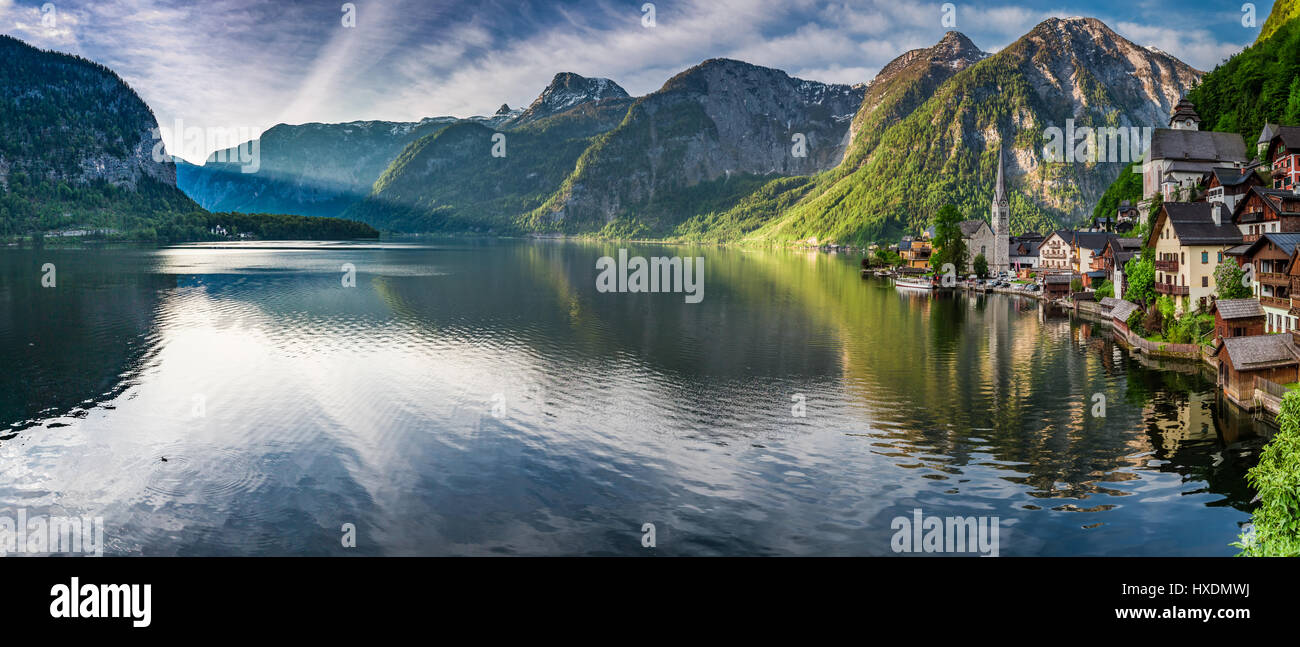 Stunning panorama of Hallstatt lake at dawn, Alps, Austria Stock Photo ...