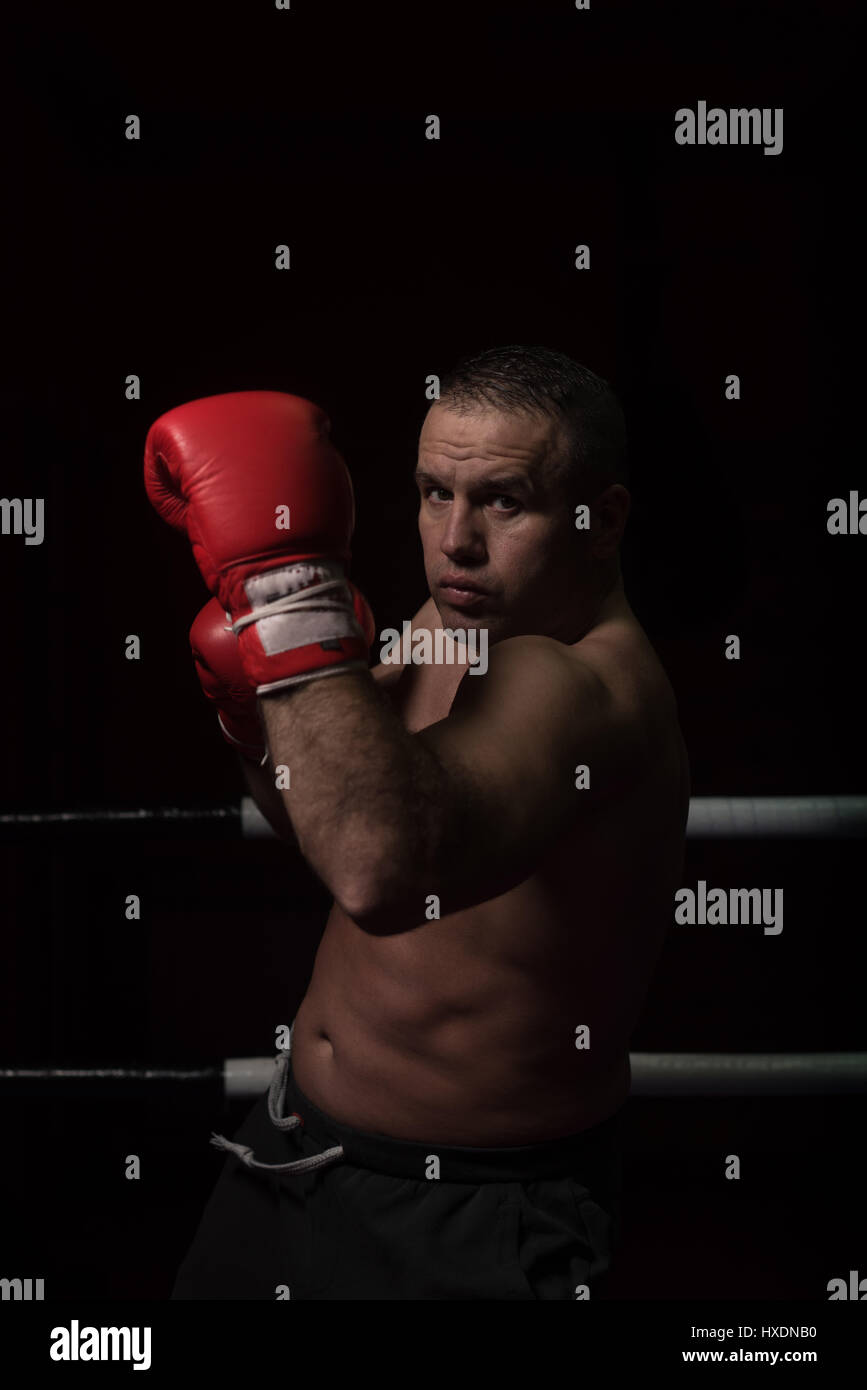 professional kickboxer with hands in martial arts position training for ...