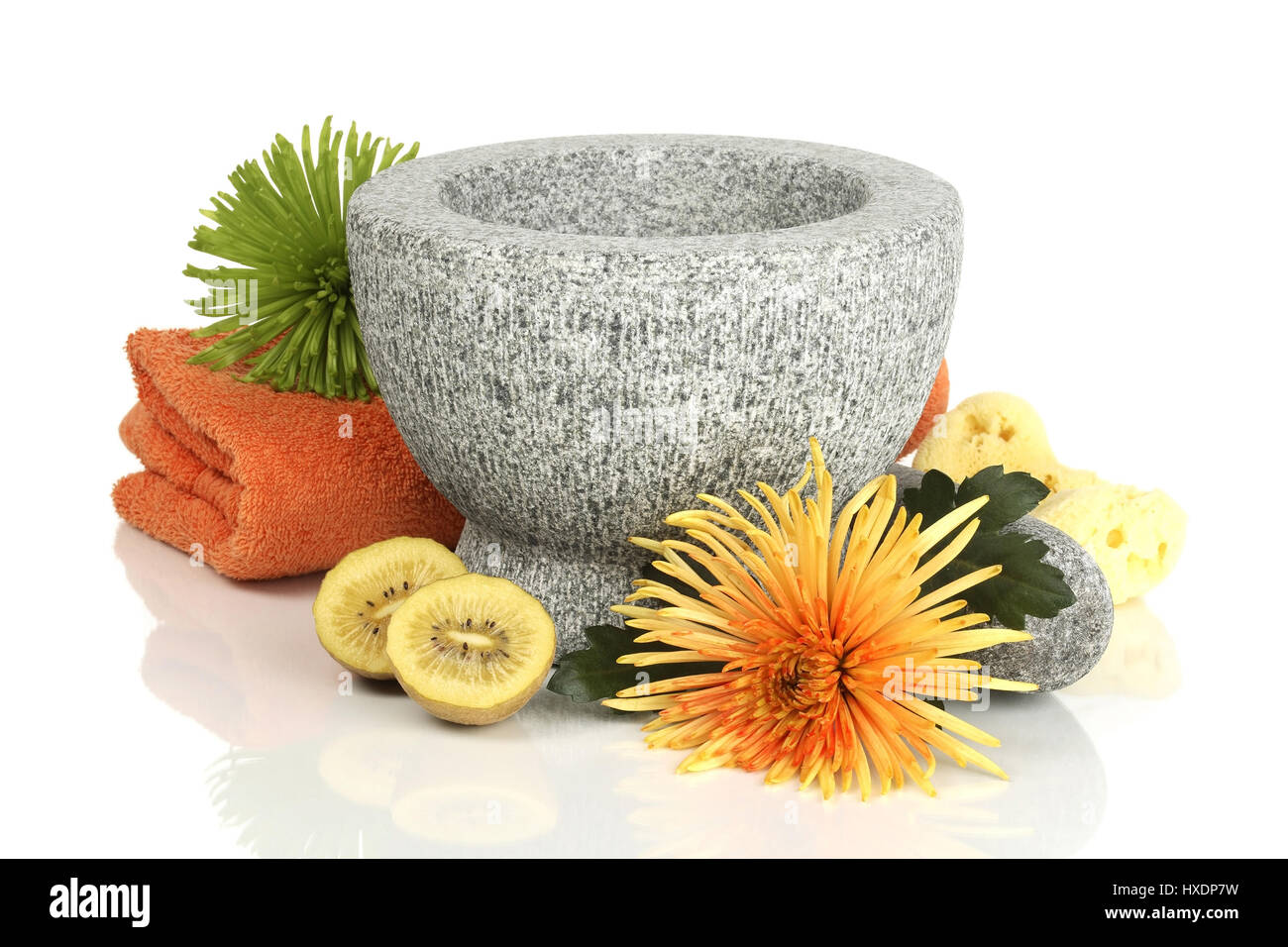 Aster with kiwi, bath utensils and stone mortar, Aster mit Kiwi ...