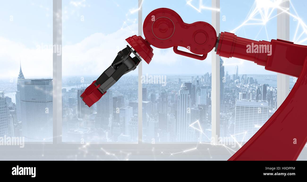 Digital composite of Red robot claw against white interface and window ...