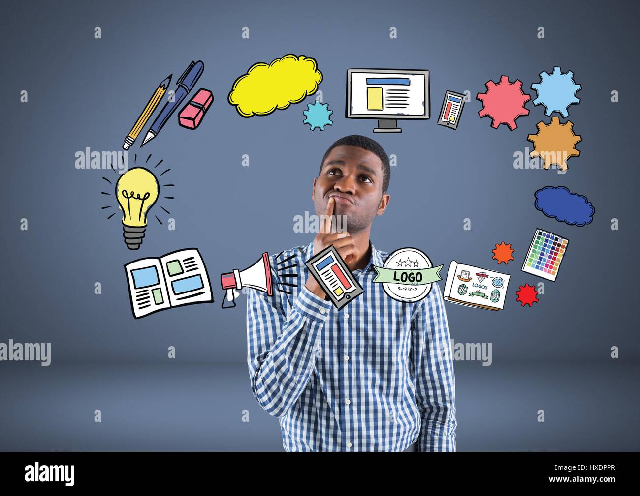 Digital composite of Man with icons thinking Stock Photo - Alamy