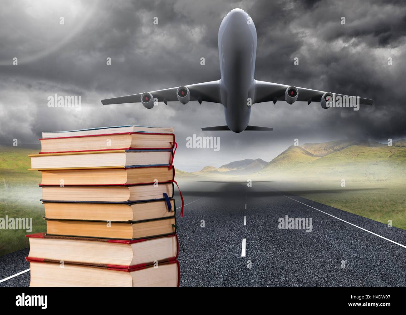 Digital composite of Books stacked by plane take off runway Stock Photo ...