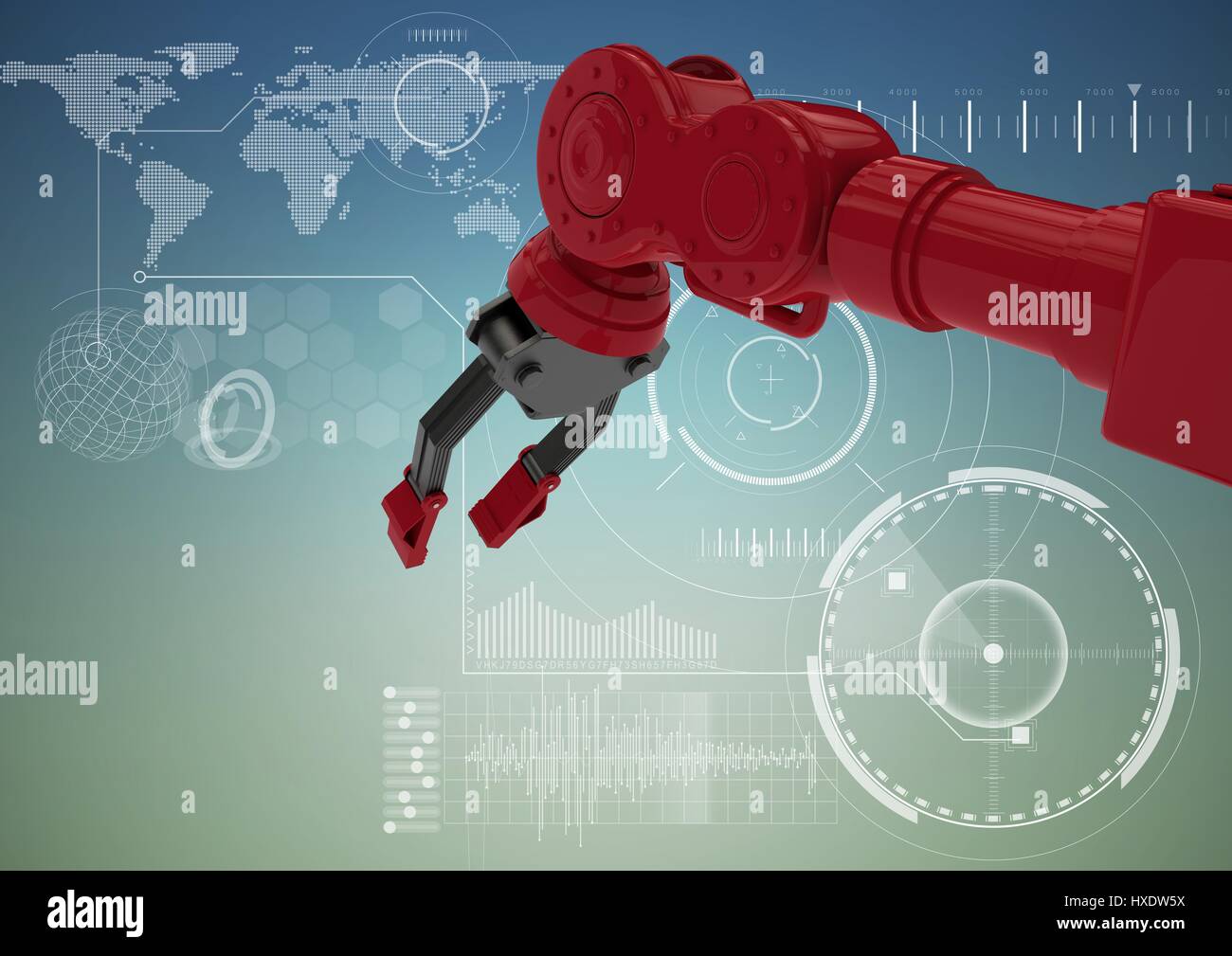 Digital composite of Red robot claw against white interface and blue ...