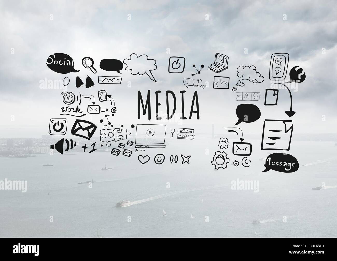 Digital composite of Media text with drawings graphics Stock Photo - Alamy