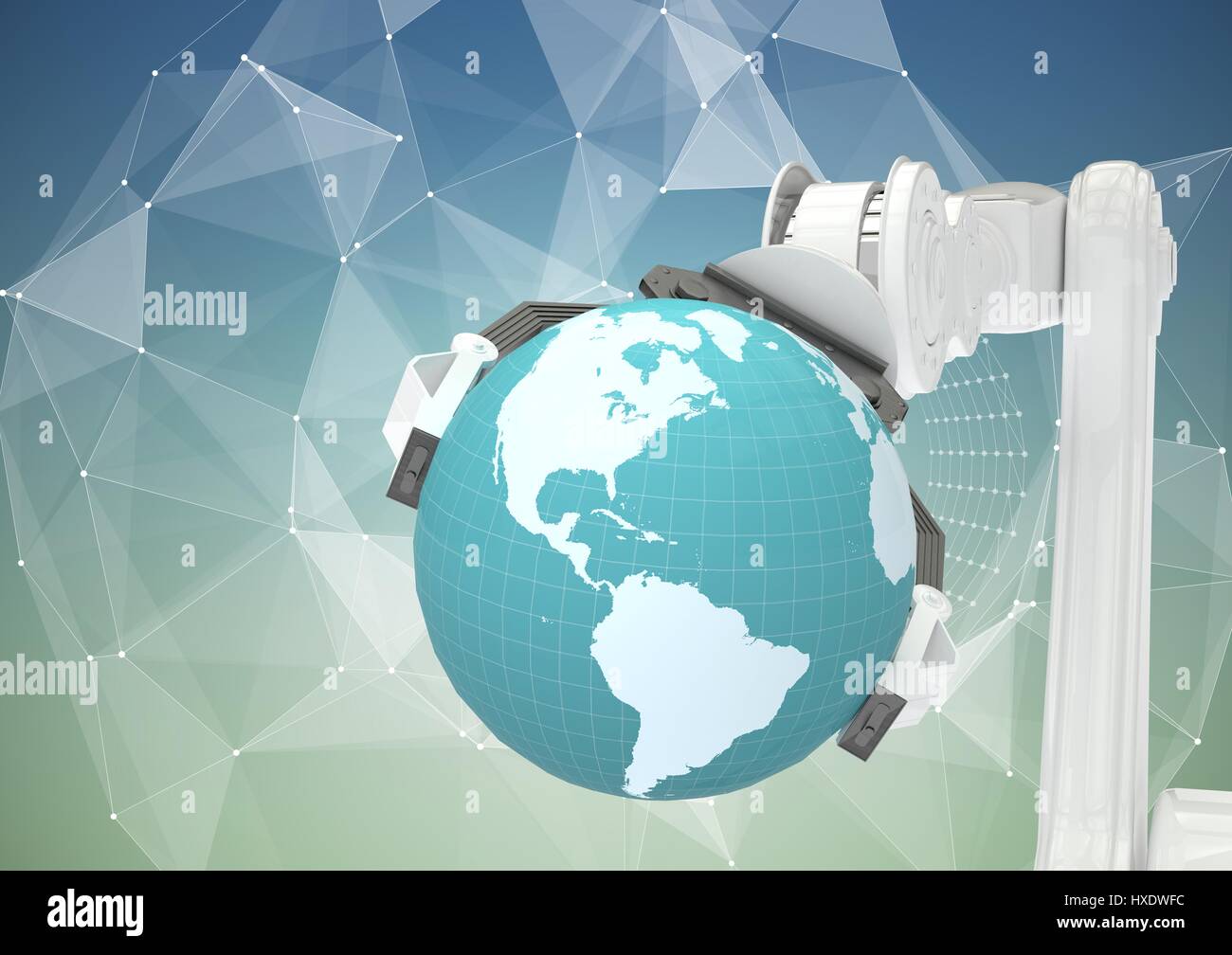 Digital composite of White claw holding globe against white vector mesh ...