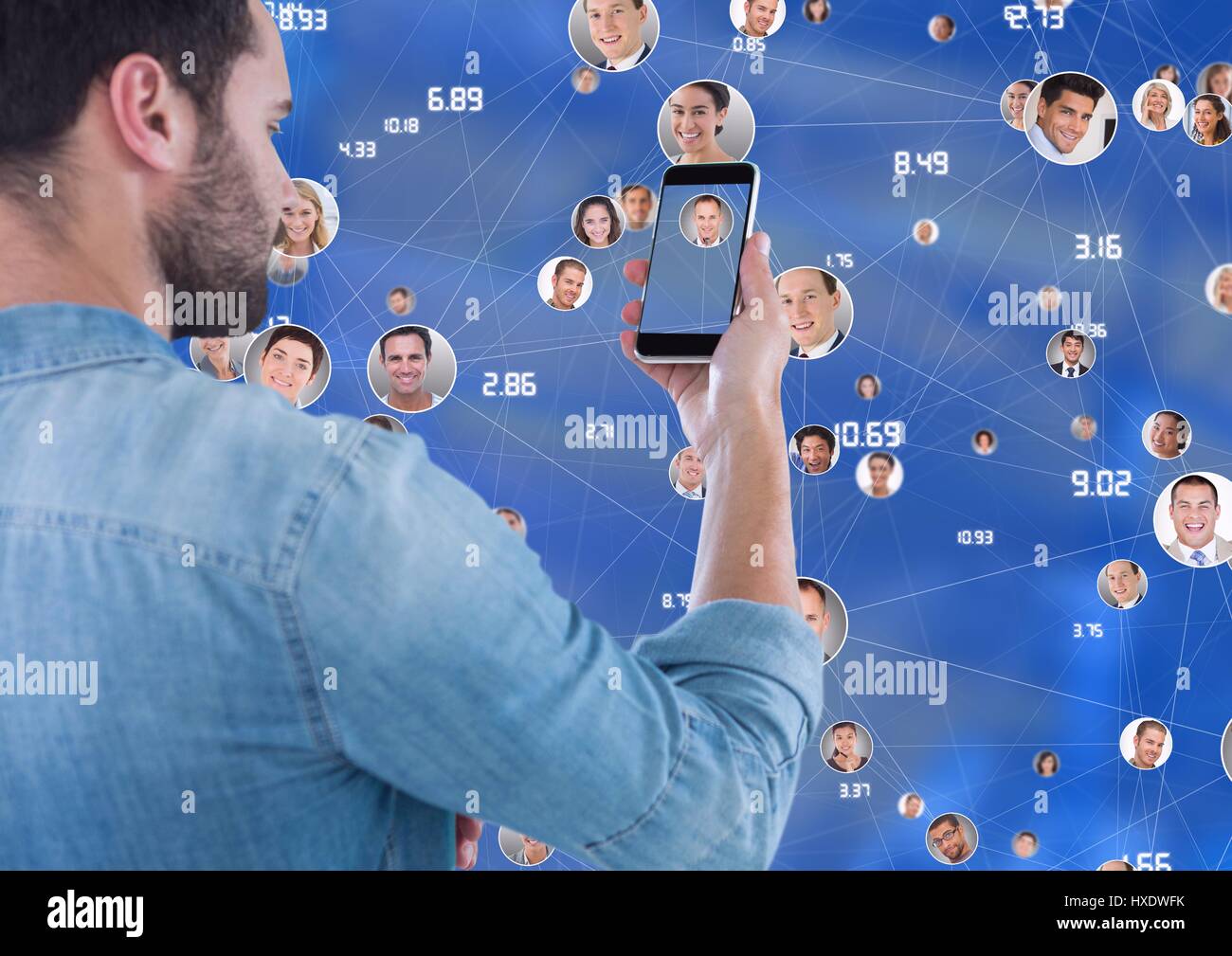 Digital composite of Man with phone against blue with connectors of ...