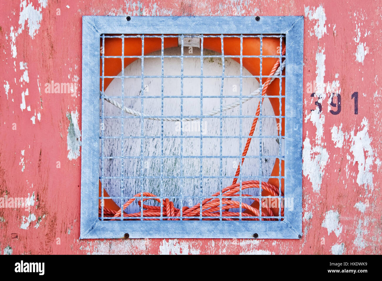 Life preserver in a wooden box in the harbour basin, Life struggle in a ...