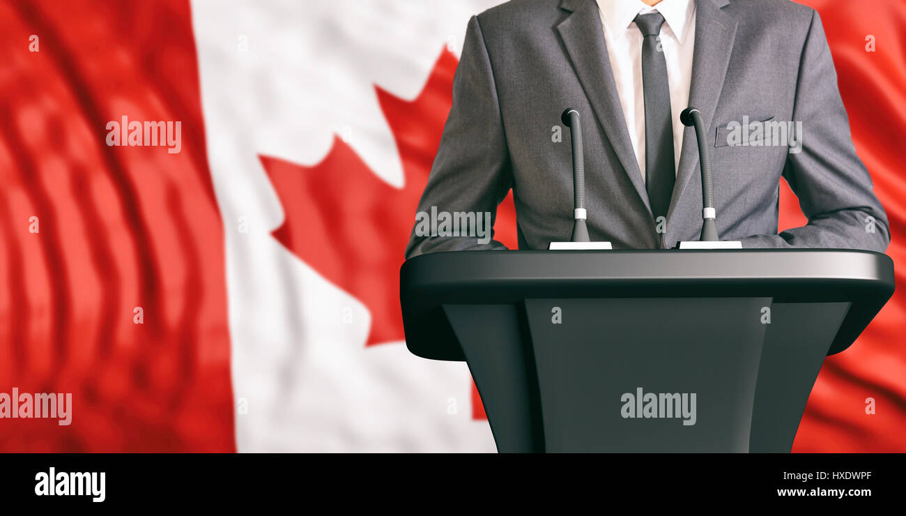 Businessman or politician making speech on Canada flag background. 3d ...