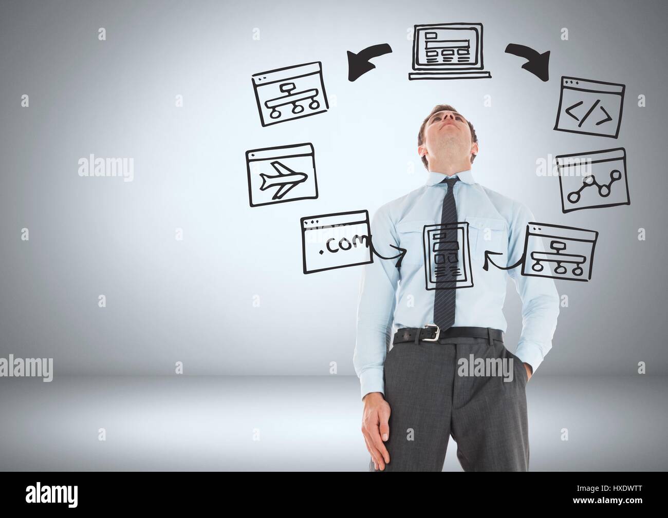 Digital composite of Businessman with computer screens graphics ...