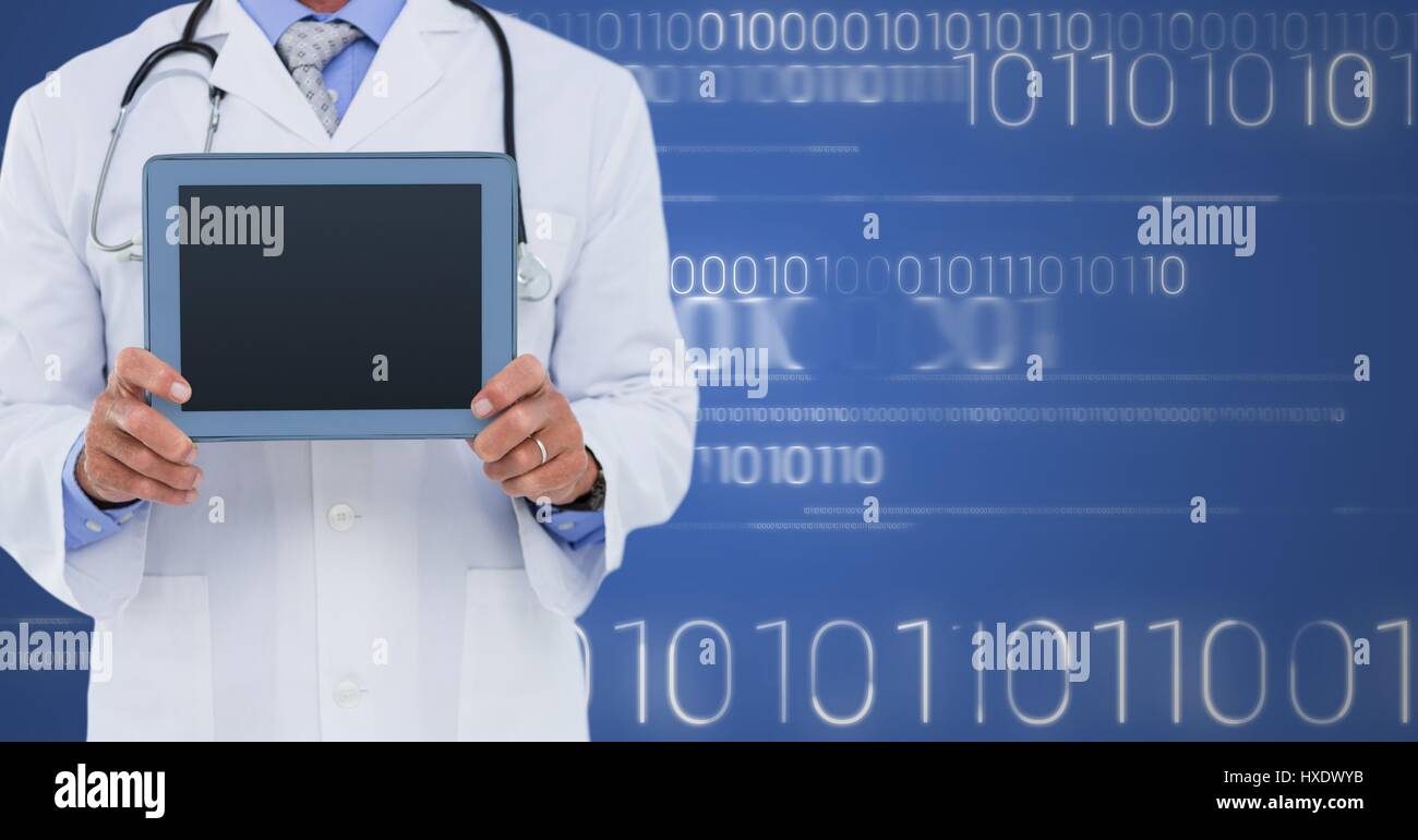 Digital composite of Doctor with tablet against white binary code and ...