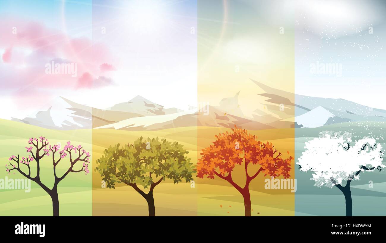 Four Seasons Banners with Abstract Trees and Mountains - Vector ...