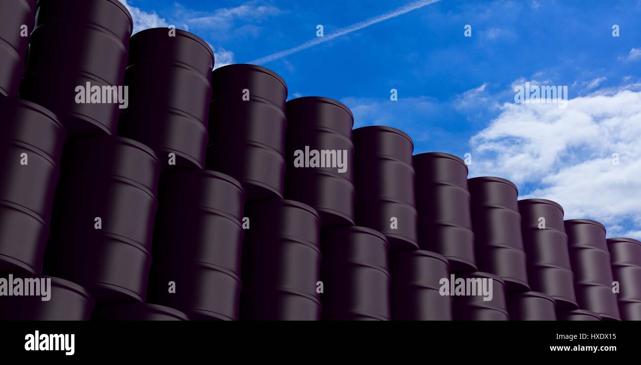 Black oil barrels stack on blue sky background. 3d illustration Stock ...