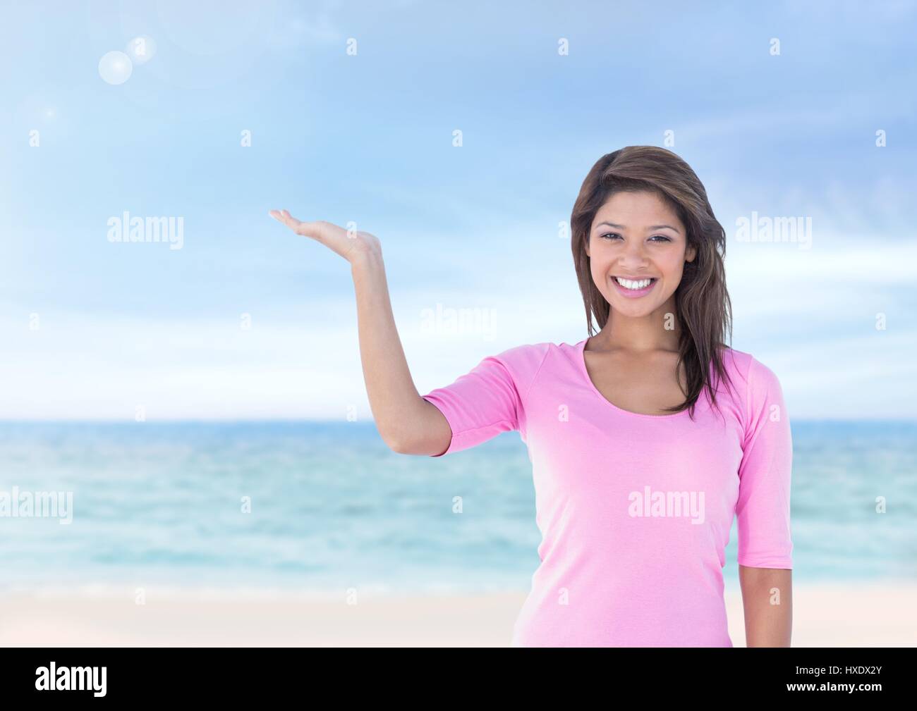 Digital composite of Woman with open palm hand Stock Photo - Alamy