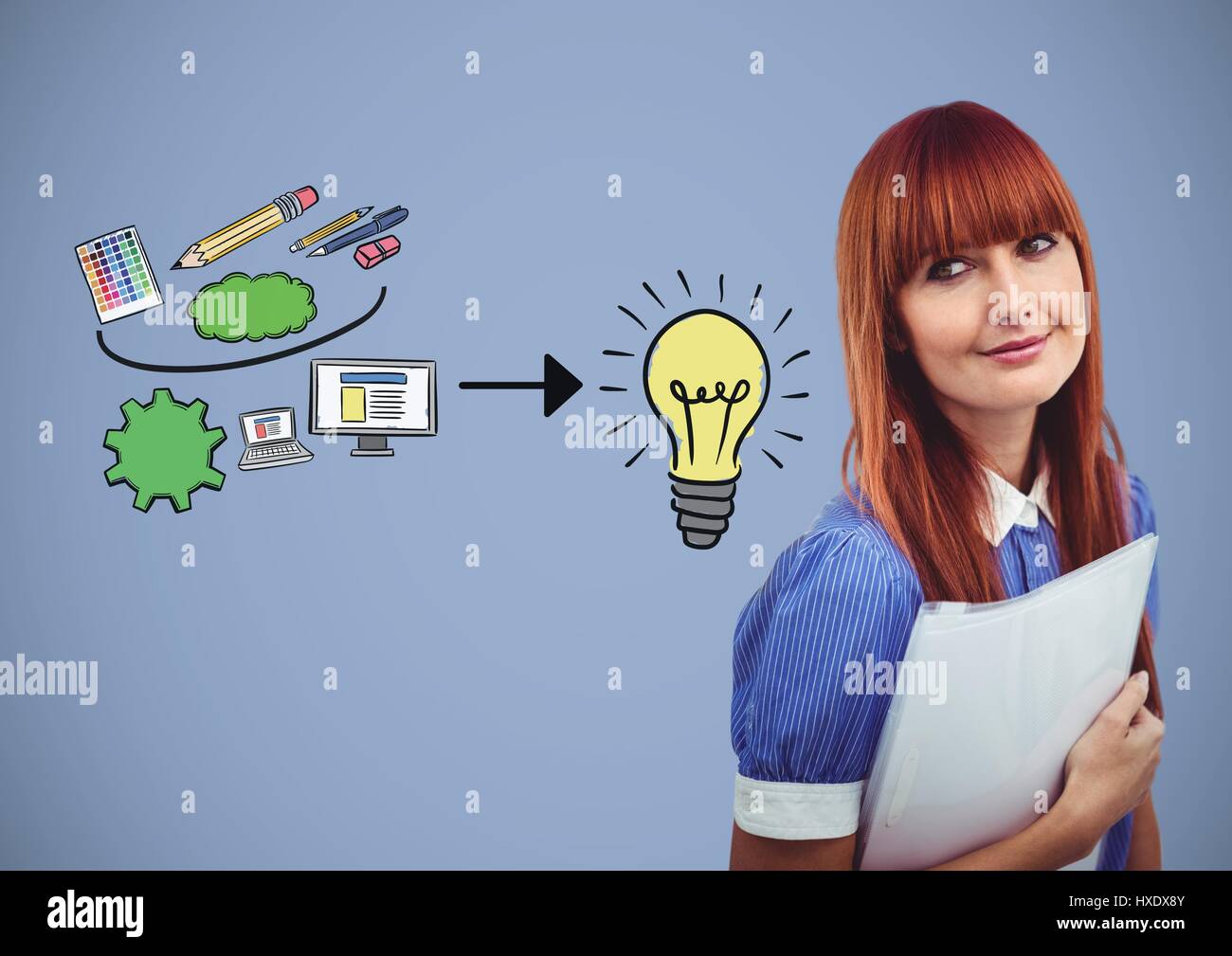 Digital composite of Woman with creative design graphics drawings ideas ...