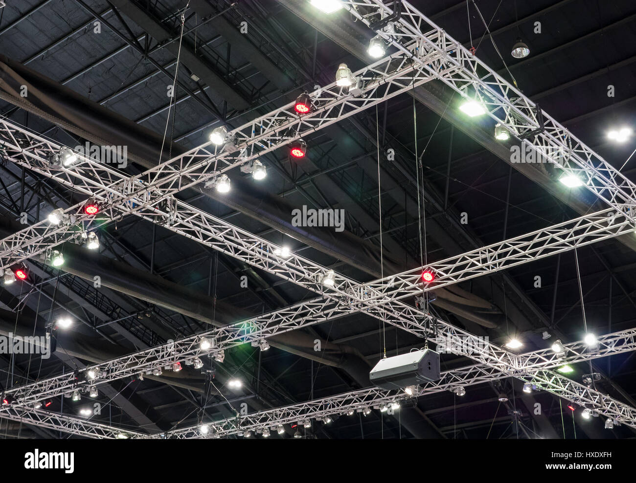 New spotlight system in the metal frame of the exhibition hall Stock ...