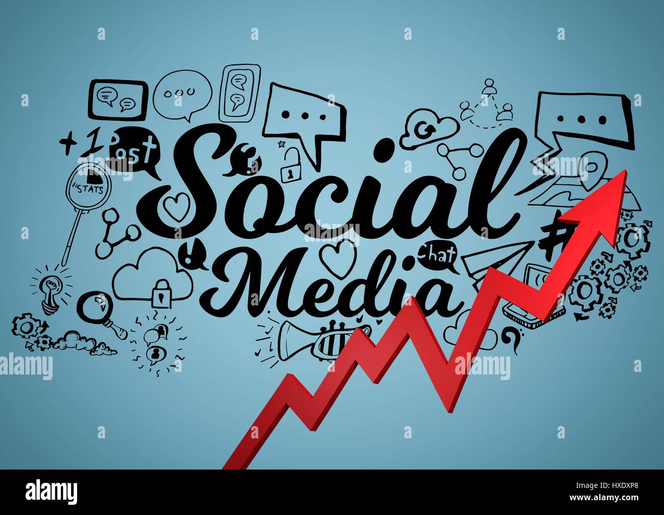 Digital composite of Red arrow with black social media doodles against ...