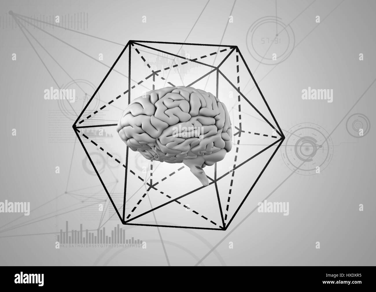 Digital composite of Grey brain with black hexagon against white ...