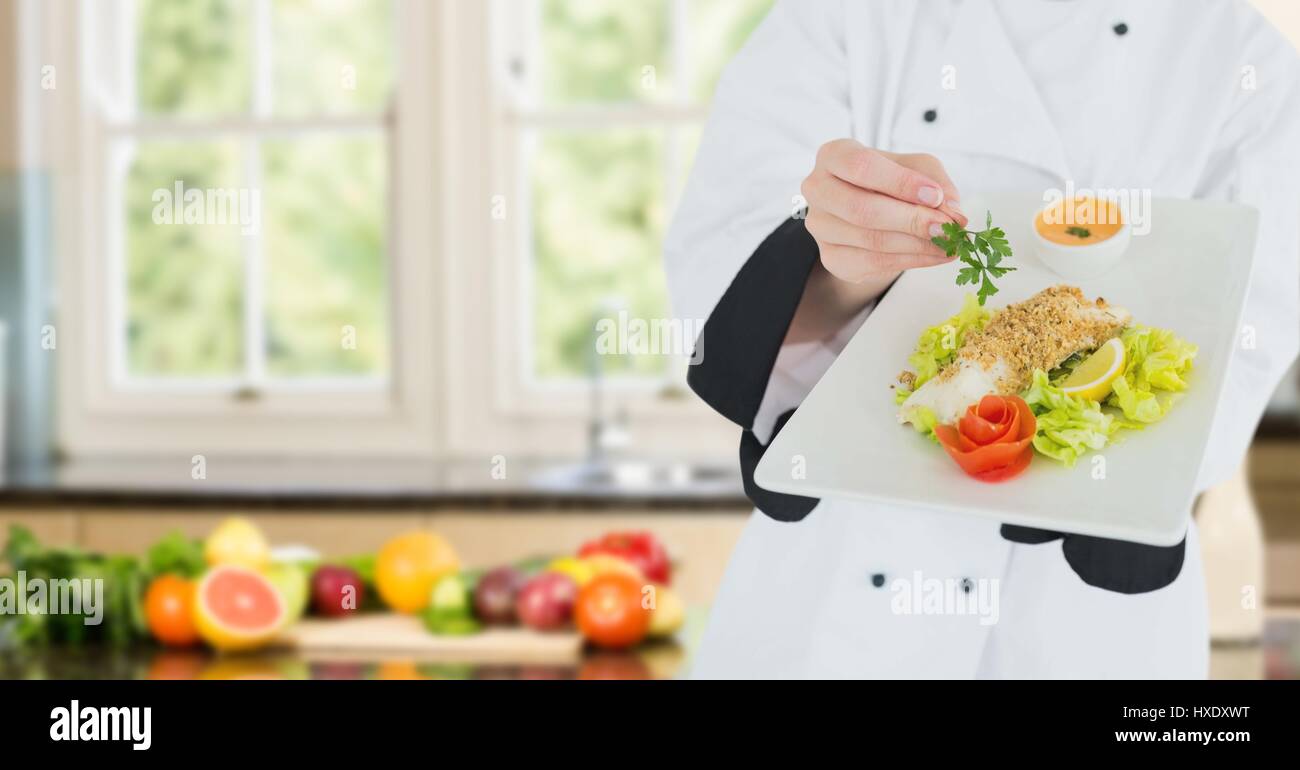 Digital composite of Chef with plate of food against blurry kitchen ...