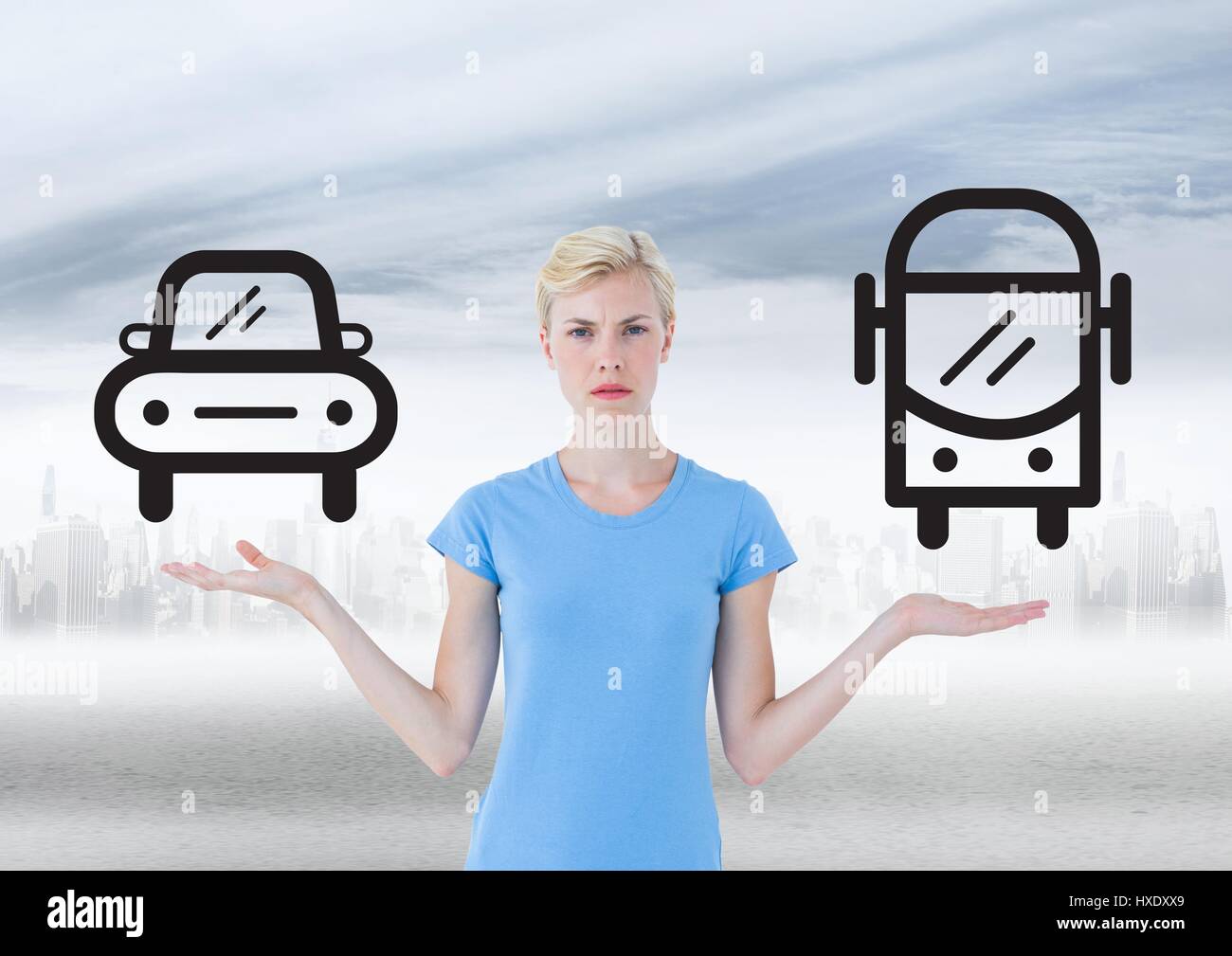 Digital composite of Woman choosing or deciding with open palm hands ...