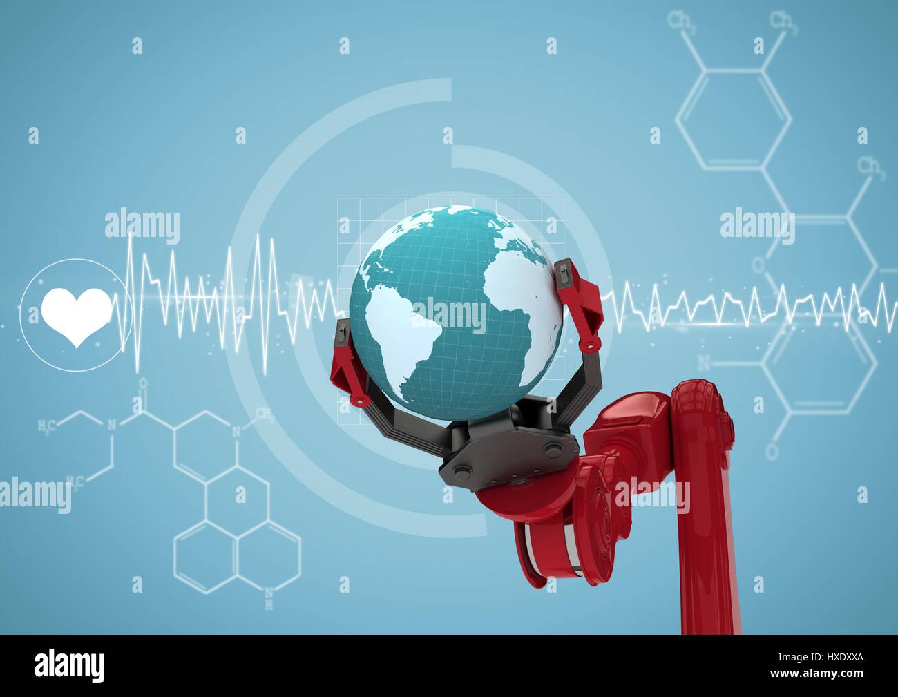 Digital composite of Red robot claw with globe against white medical ...