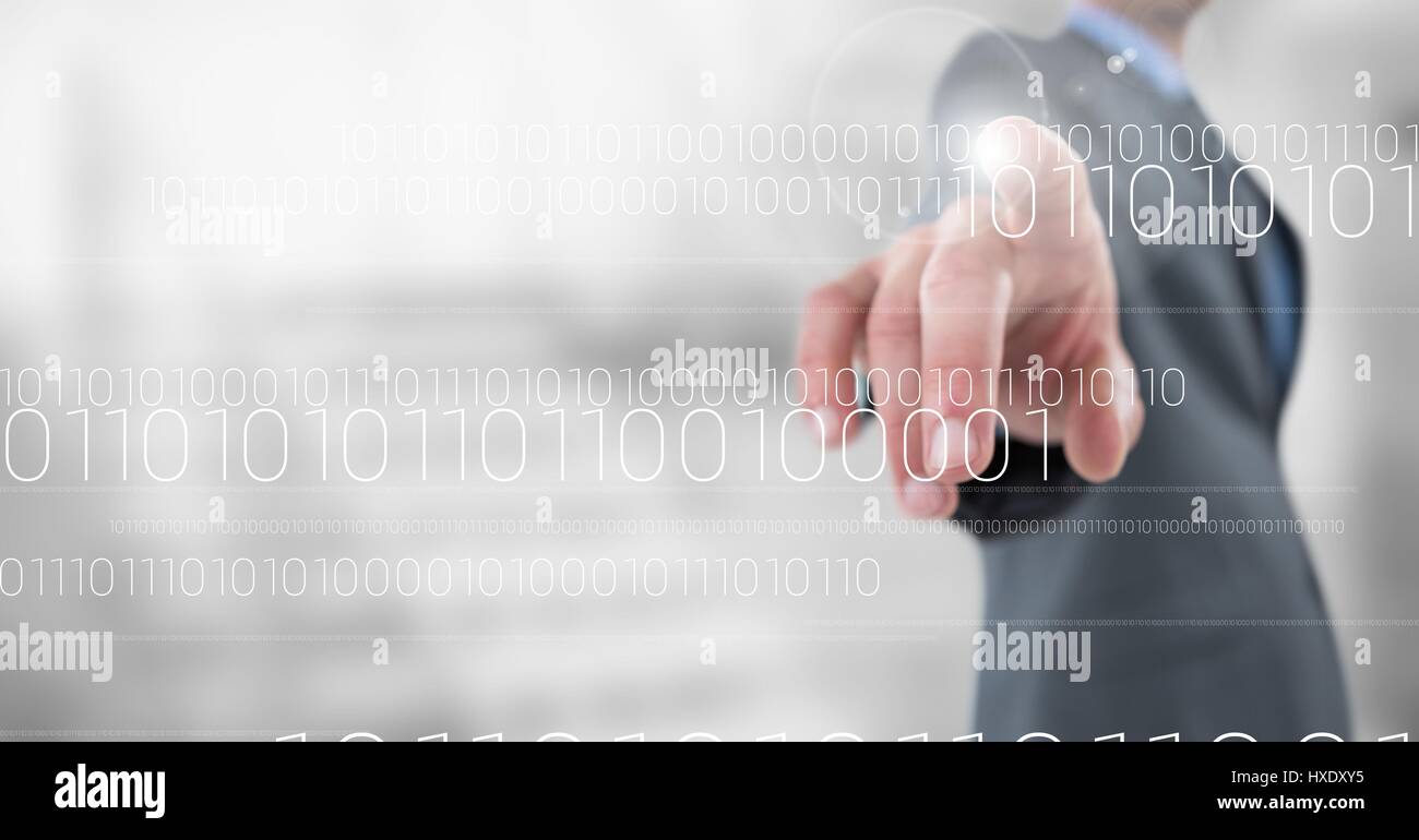 Digital composite of Business man pointing at white binary code with ...