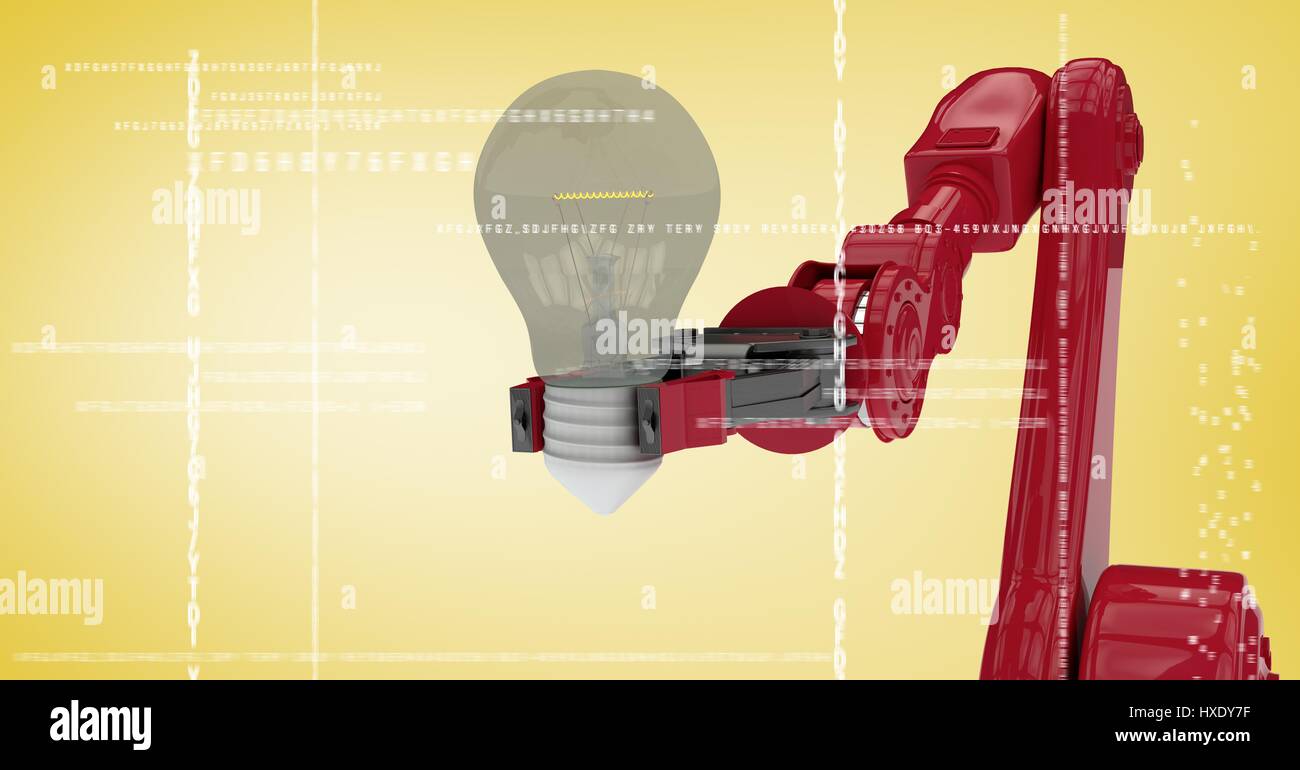 Digital composite of Red robot claw with light bulb behind white ...