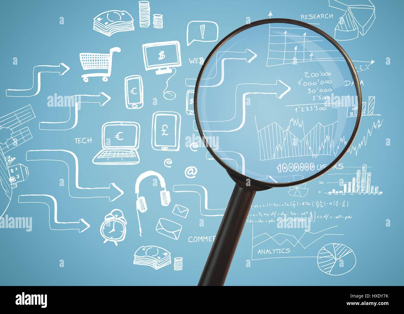 Digital composite of Magnifying glass against blue background with ...