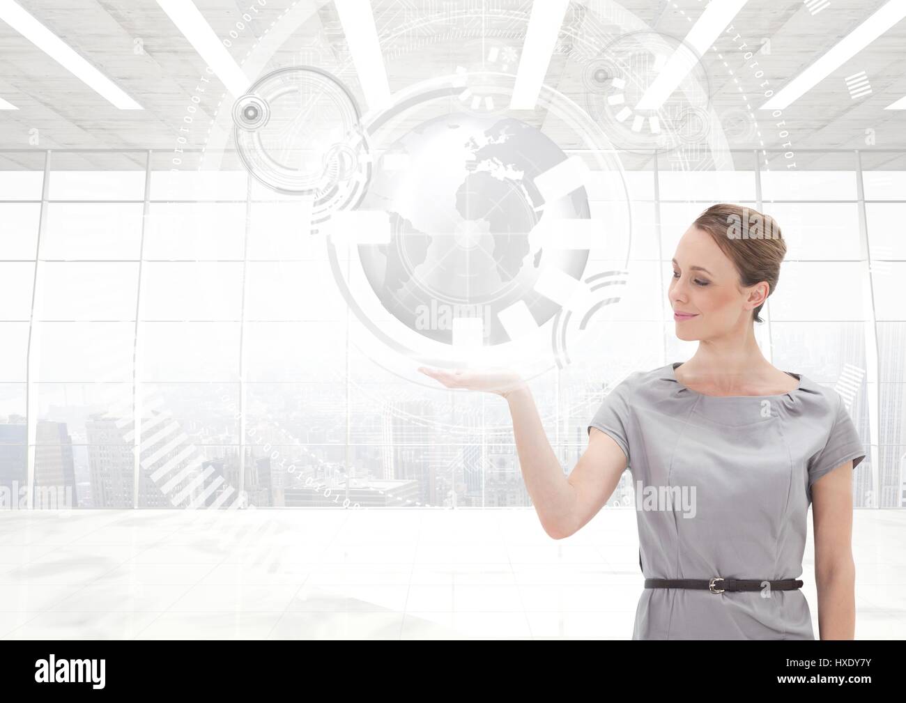 Digital composite of Woman with open palm hand under world earth globe ...