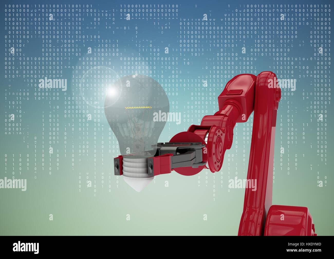 Digital composite of Red robot claw with light bulb and flare against ...
