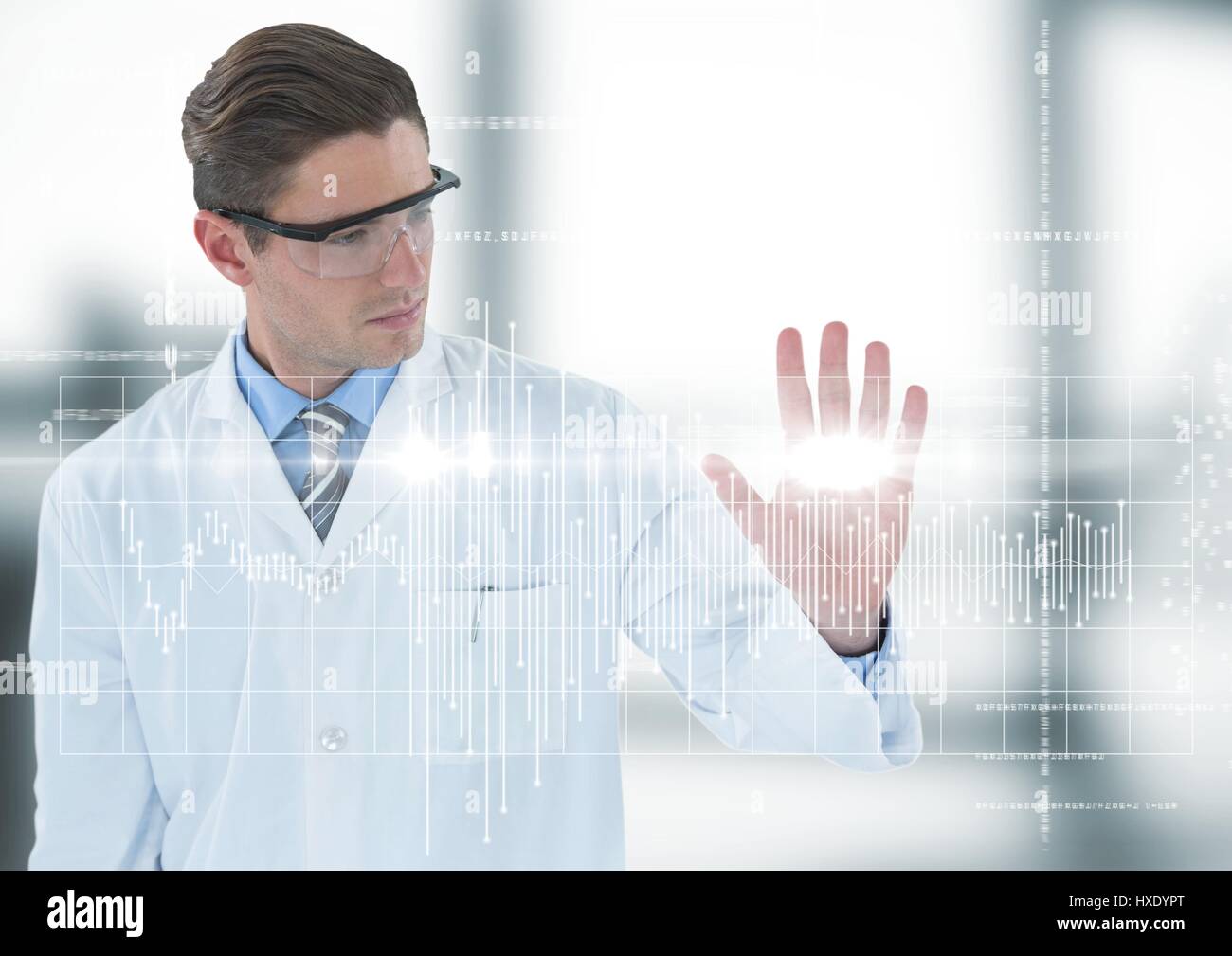 Digital composite of Man in lab coat and goggles with white graph and ...