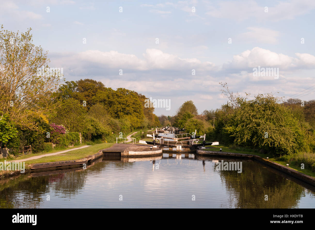 View down the flights of Hatton Locks on the Grand Union Canal ...