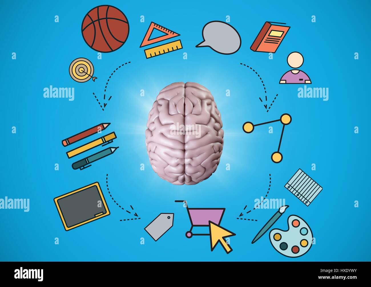 Digital composite of Pink brain with education graphics against blue ...