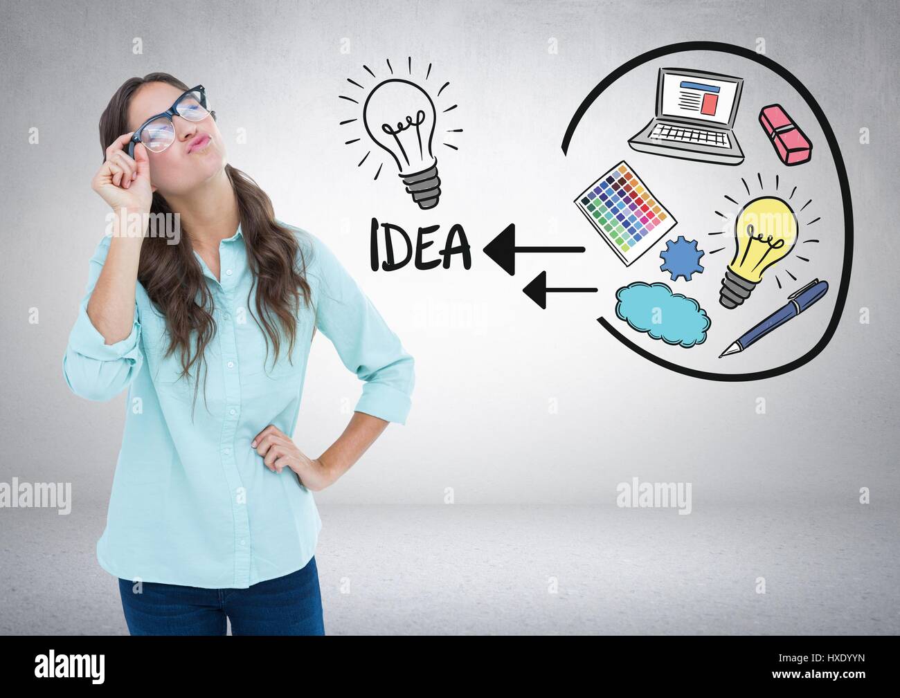 Digital composite of Woman with creative ideas graphic drawings Stock ...