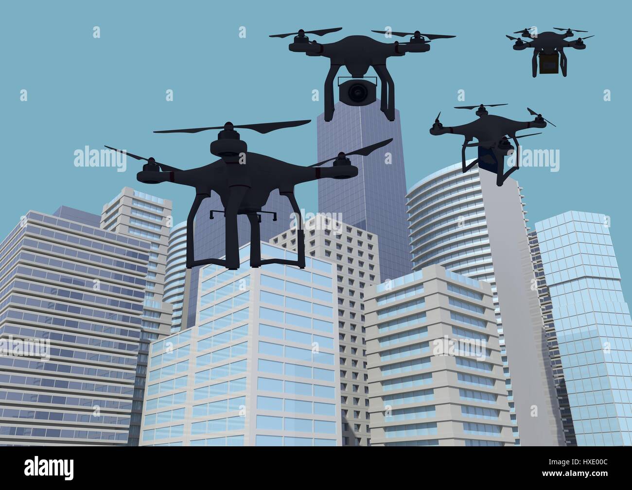 Digital composite of Minimal 3D drones against skyscrapers city ...
